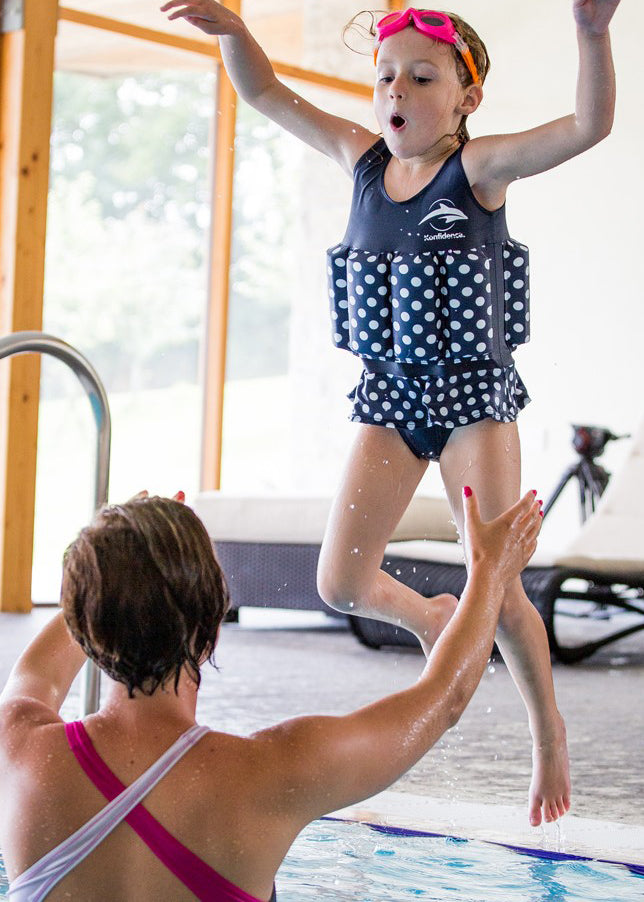 Konfidence float suit - navy polka dot – Just Swimwear